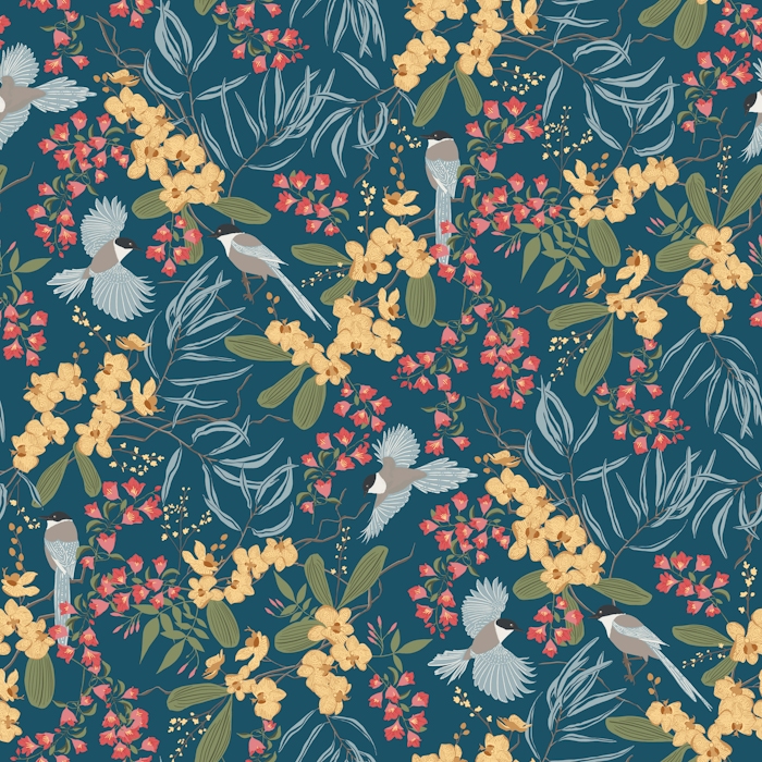 Magpie Floral Bloom Wallpaper - happywall.com