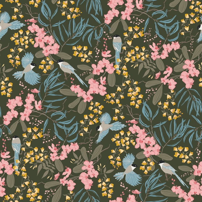 Magpie Floral Wallpaper in Rifle Green