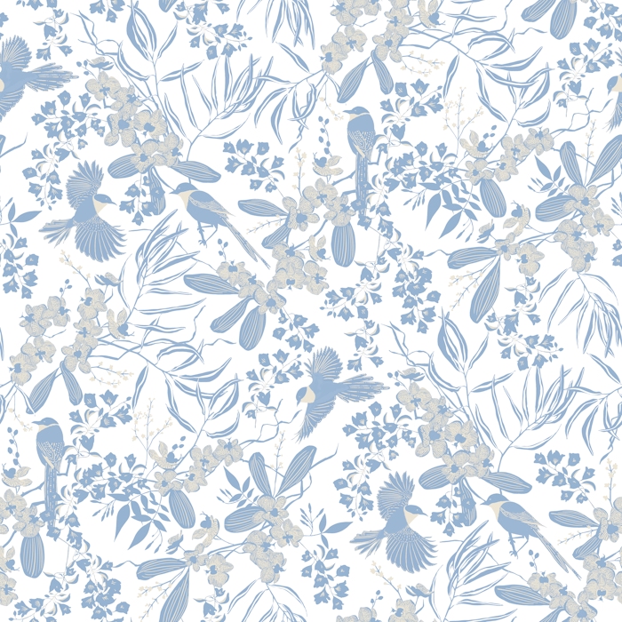 Powder Blue Floral Wallpaper with Birds