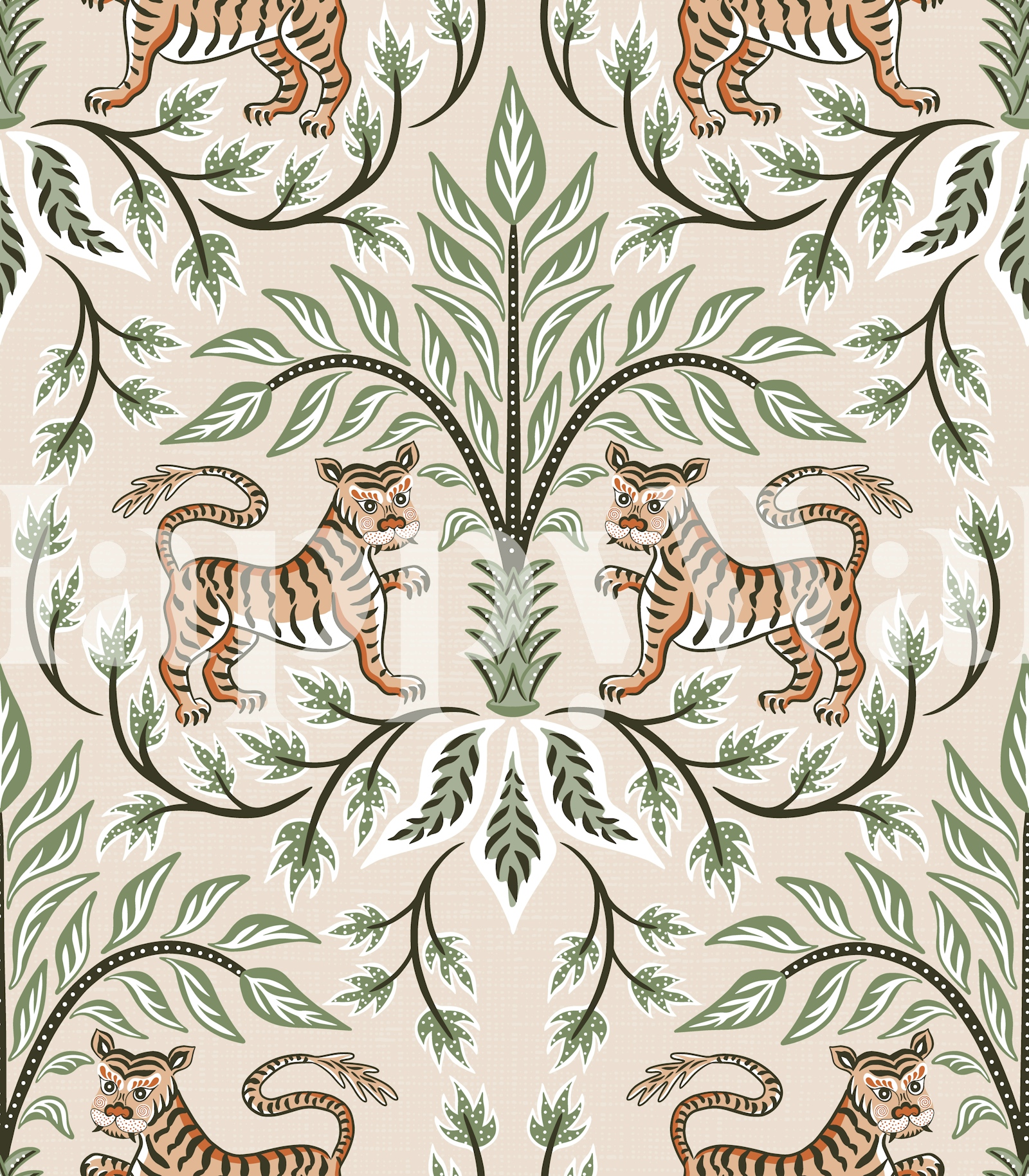 Tropical Tiger and Palm Wallpaper in Rust and Sage
