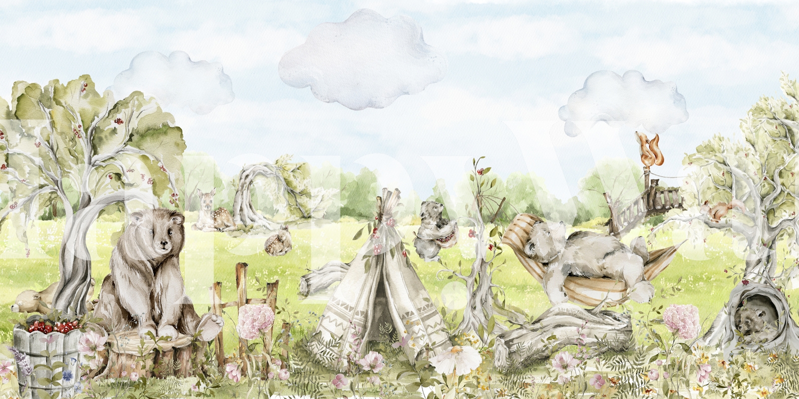 Whimsical Woodland Bear and Nature Wallpaper