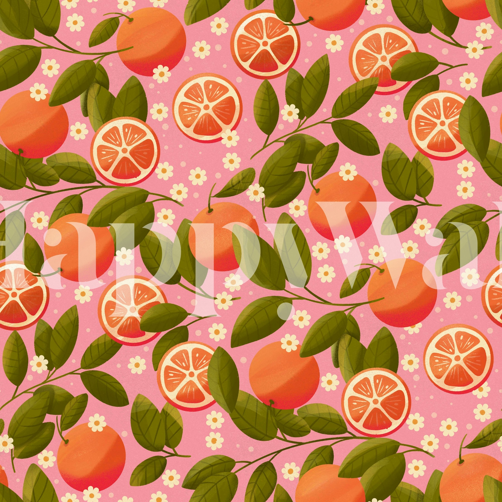Pink Citrus Fruit Floral Wallpaper