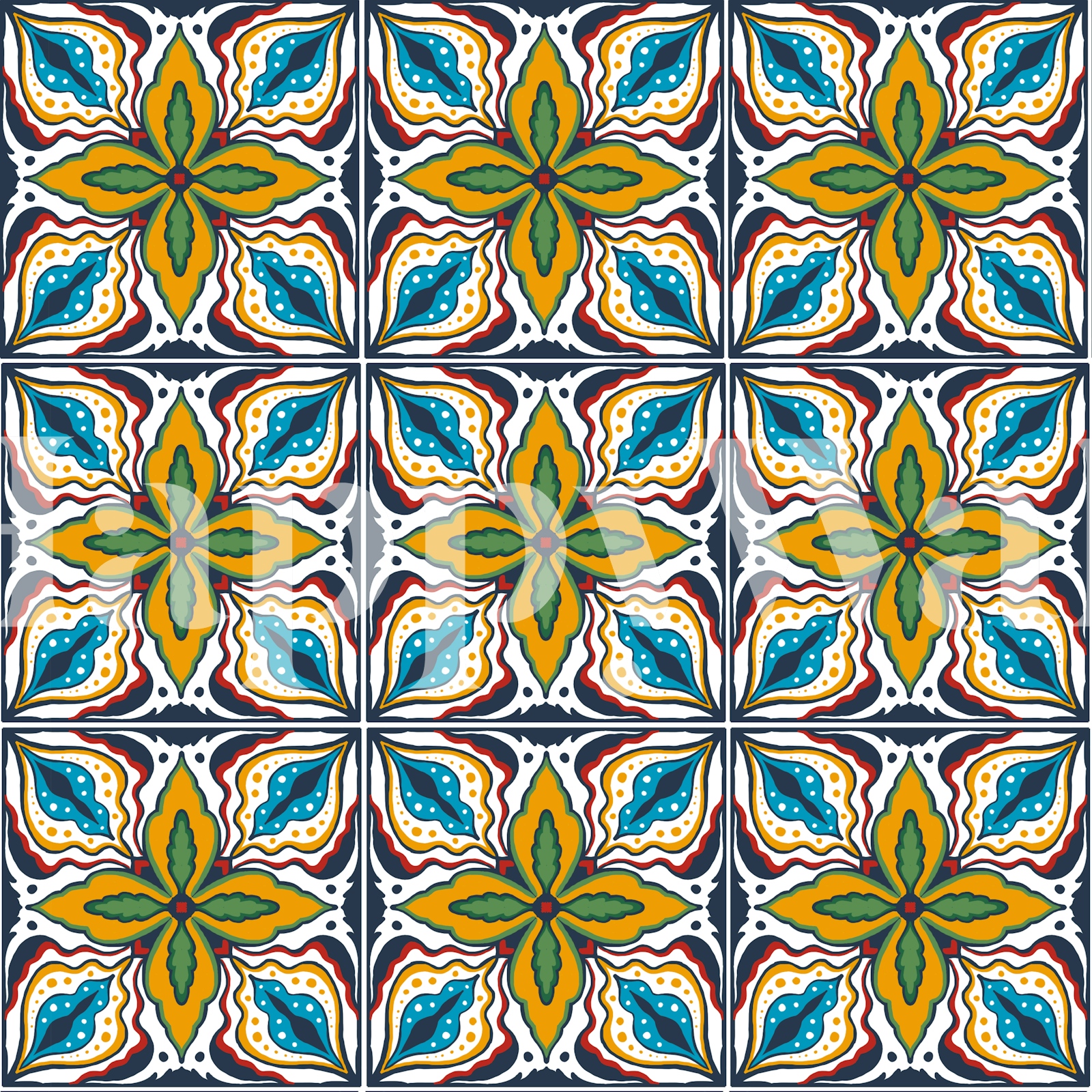 Talavera Tiles - Orange Red and Blue Wallpaper