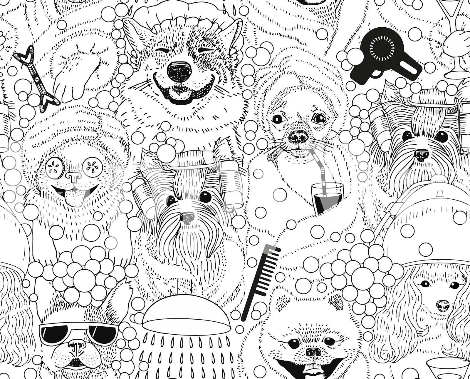 Happy Dog Spa Black and White Wallpaper