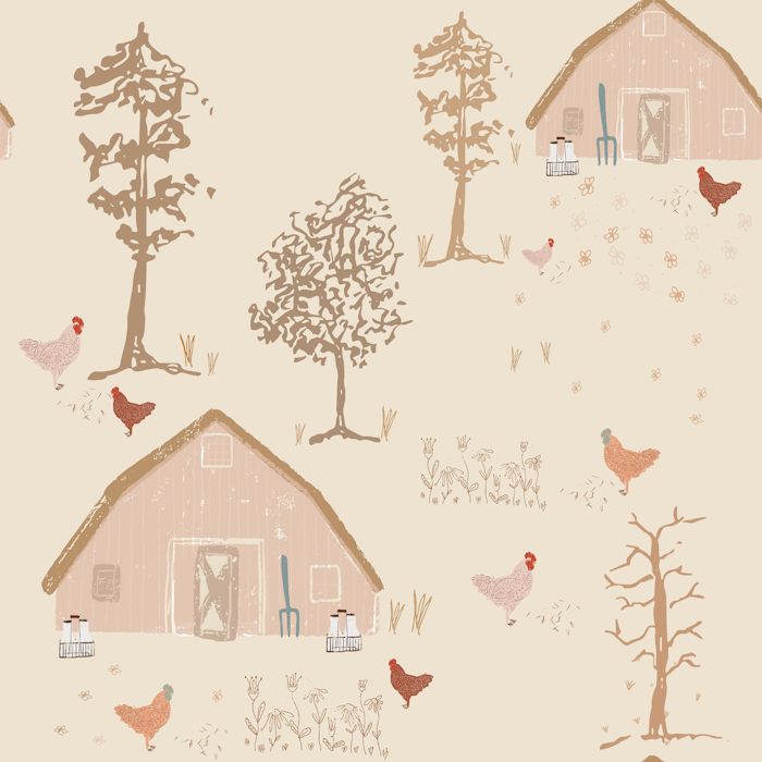 Rustic Farmhouse Wallpaper with Barns and Chickens