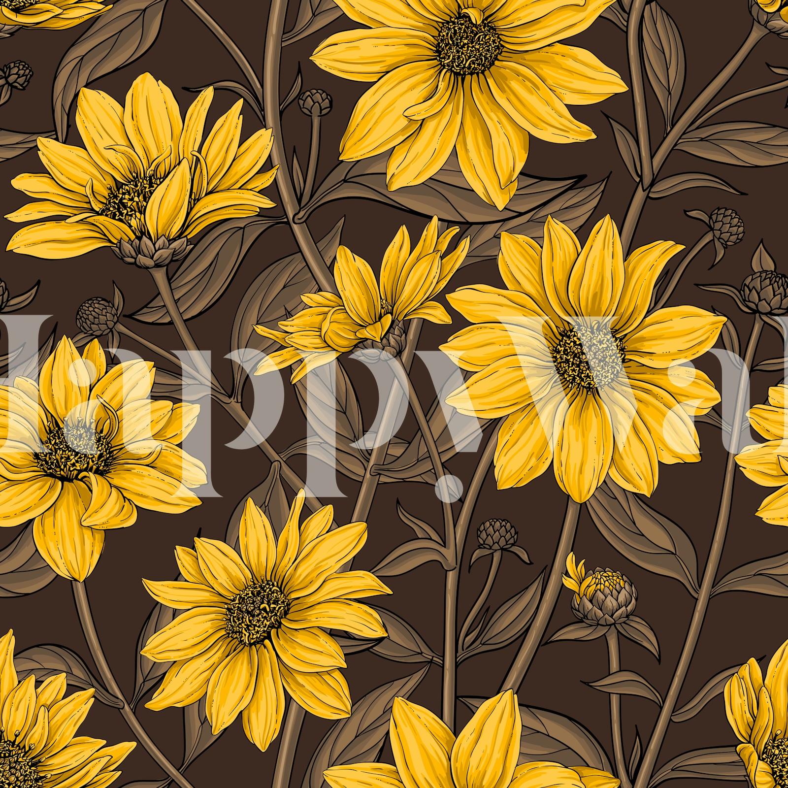 Yellow Floral Wallpaper with Brown Background