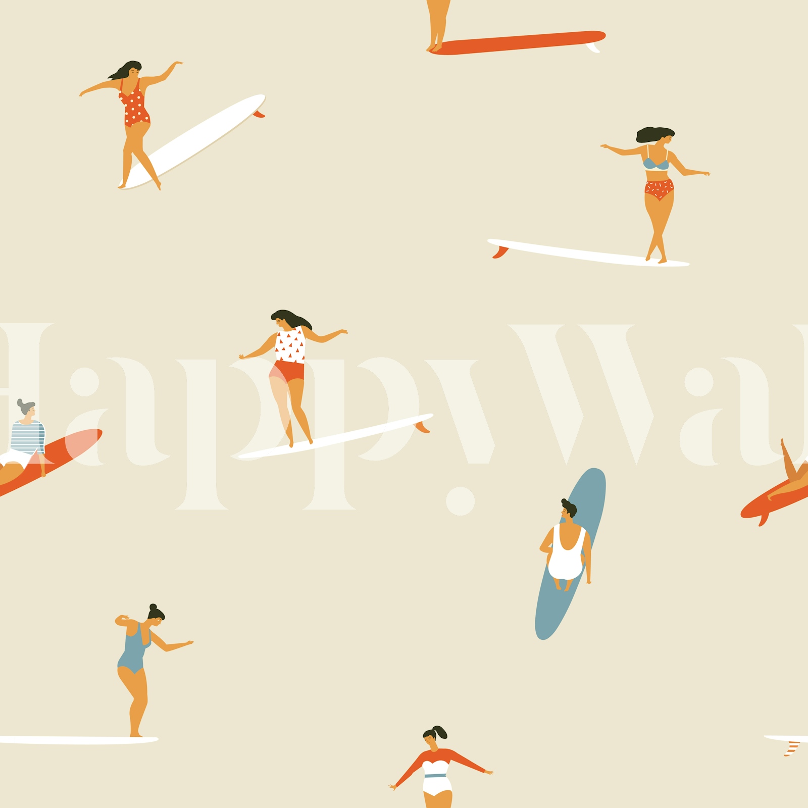 Surfing Girls Cream Wallpaper