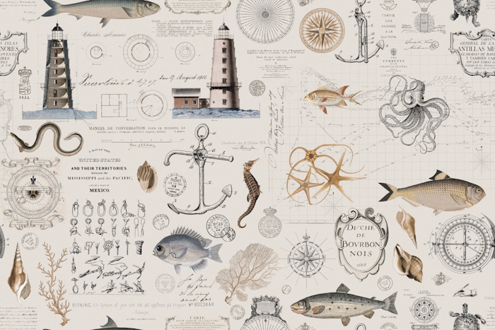 Nautical Marine Wallpaper with Fish and Lighthouses