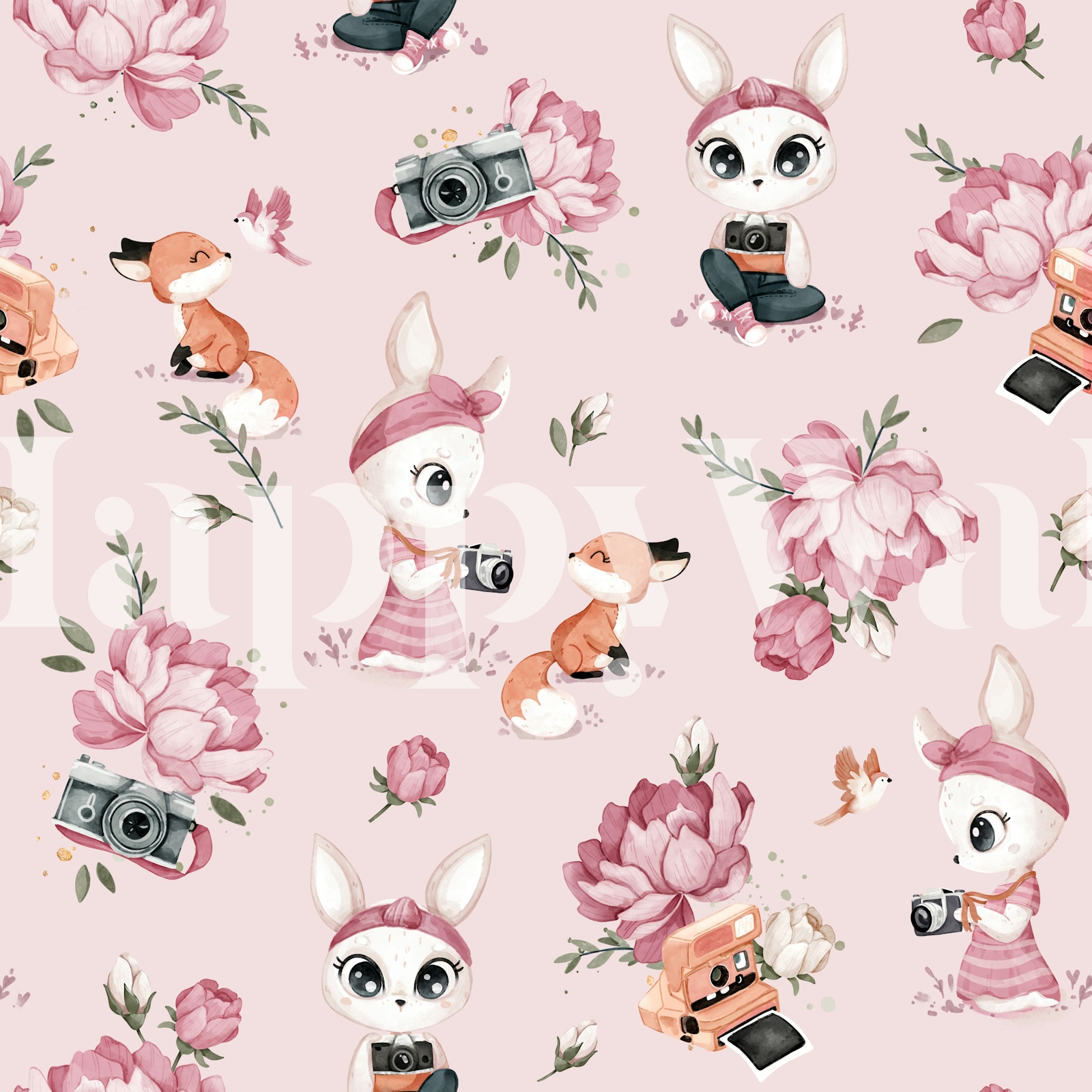 Pink Floral Animal Wallpaper for Kids Room