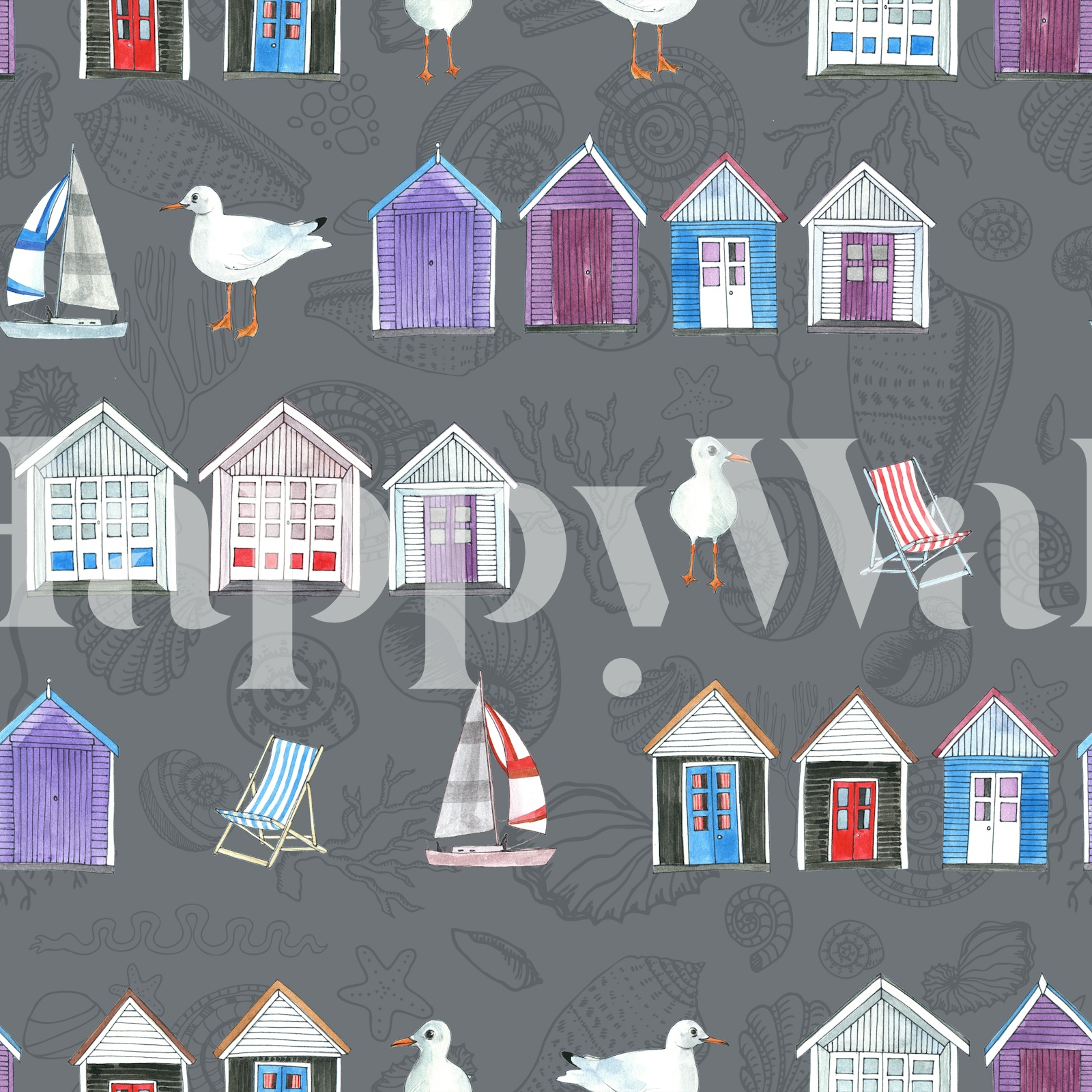 Bournemouth Beach Huts Grey Wallpaper