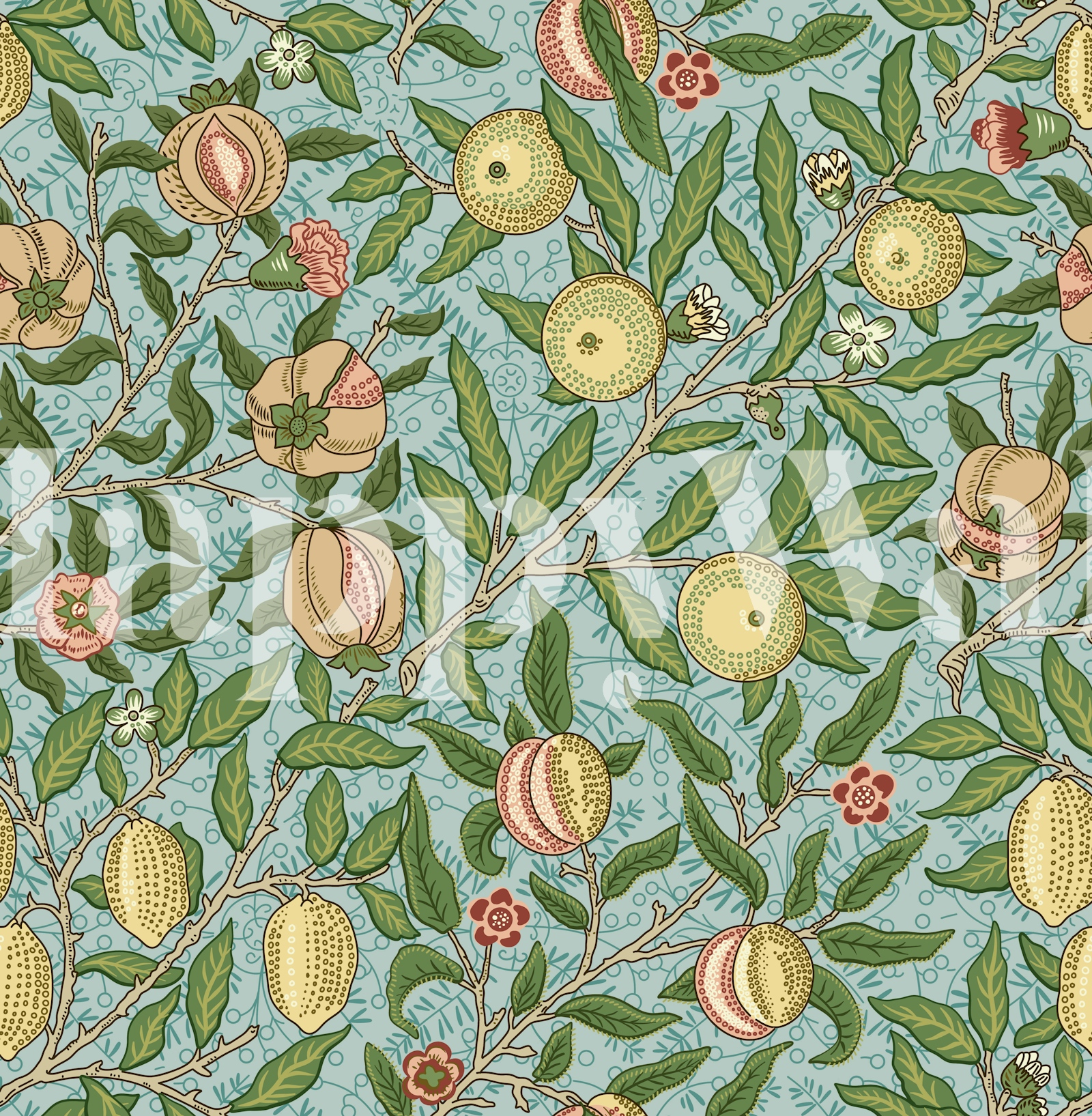 Victorian Fruit Pattern Wallpaper in Green and Blue