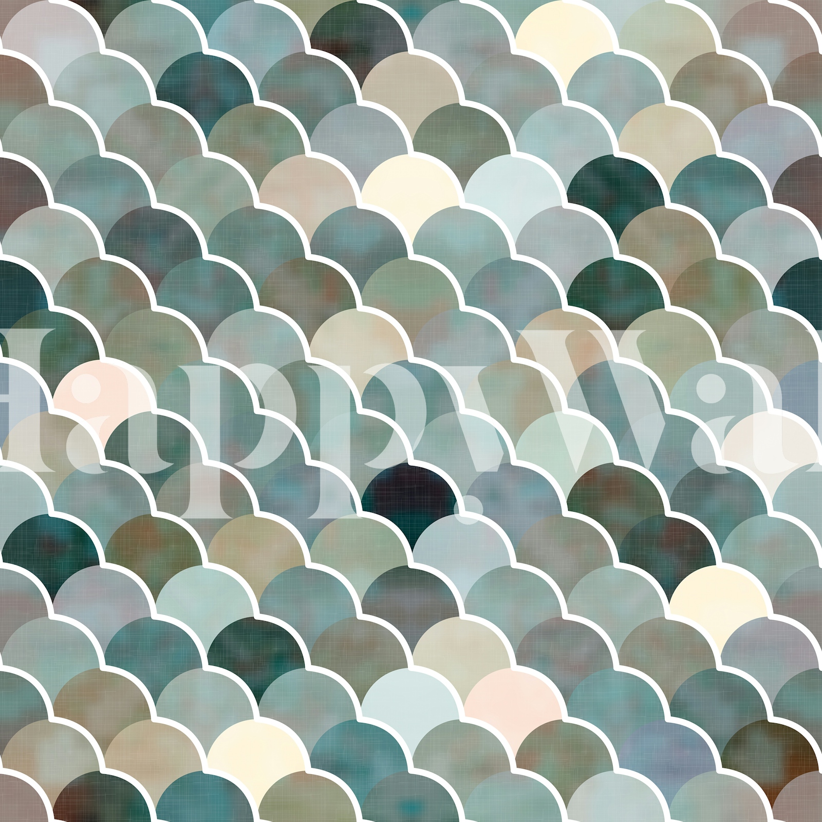 Modern Fish Scale Wallpaper in Teal and Beige