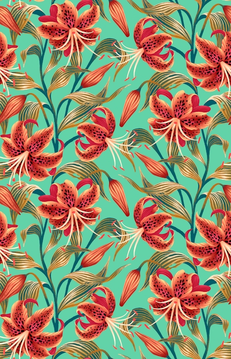 Mint Green Floral Wallpaper with Tiger Lilies