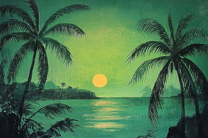 Tropical Green Sunset Wallpaper with Palm Trees