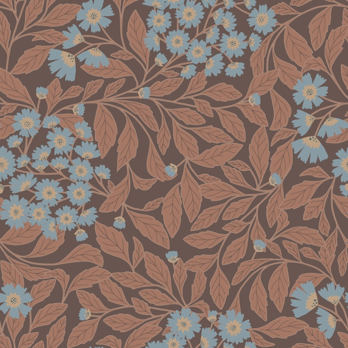 Earthy Floral Blue and Brown Wallpaper