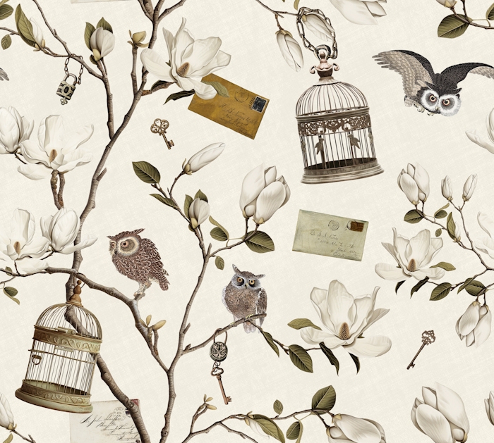 Cream Magnolia Floral Owl Wallpaper