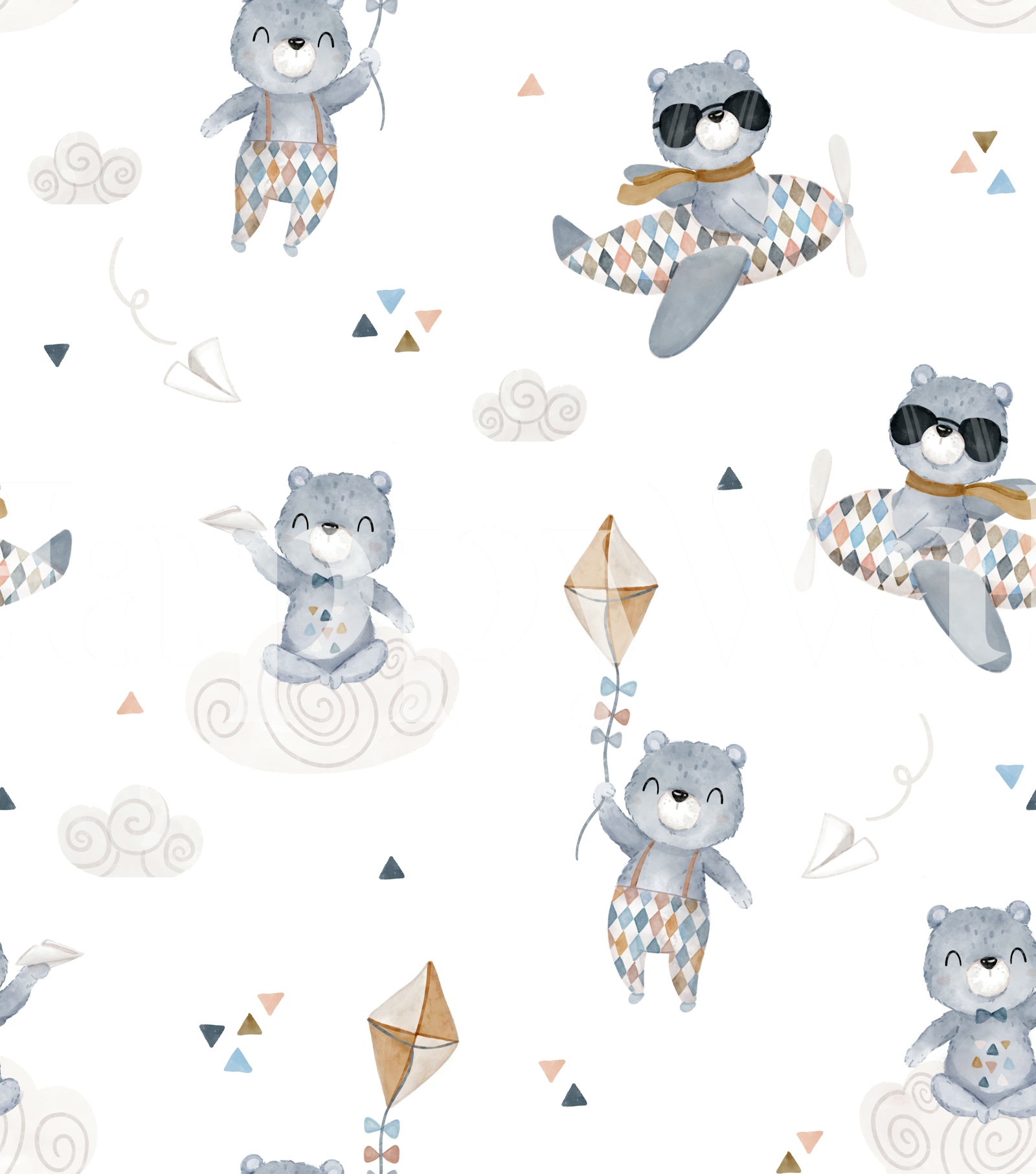 Cute Bear Children’s Wallpaper with Clouds