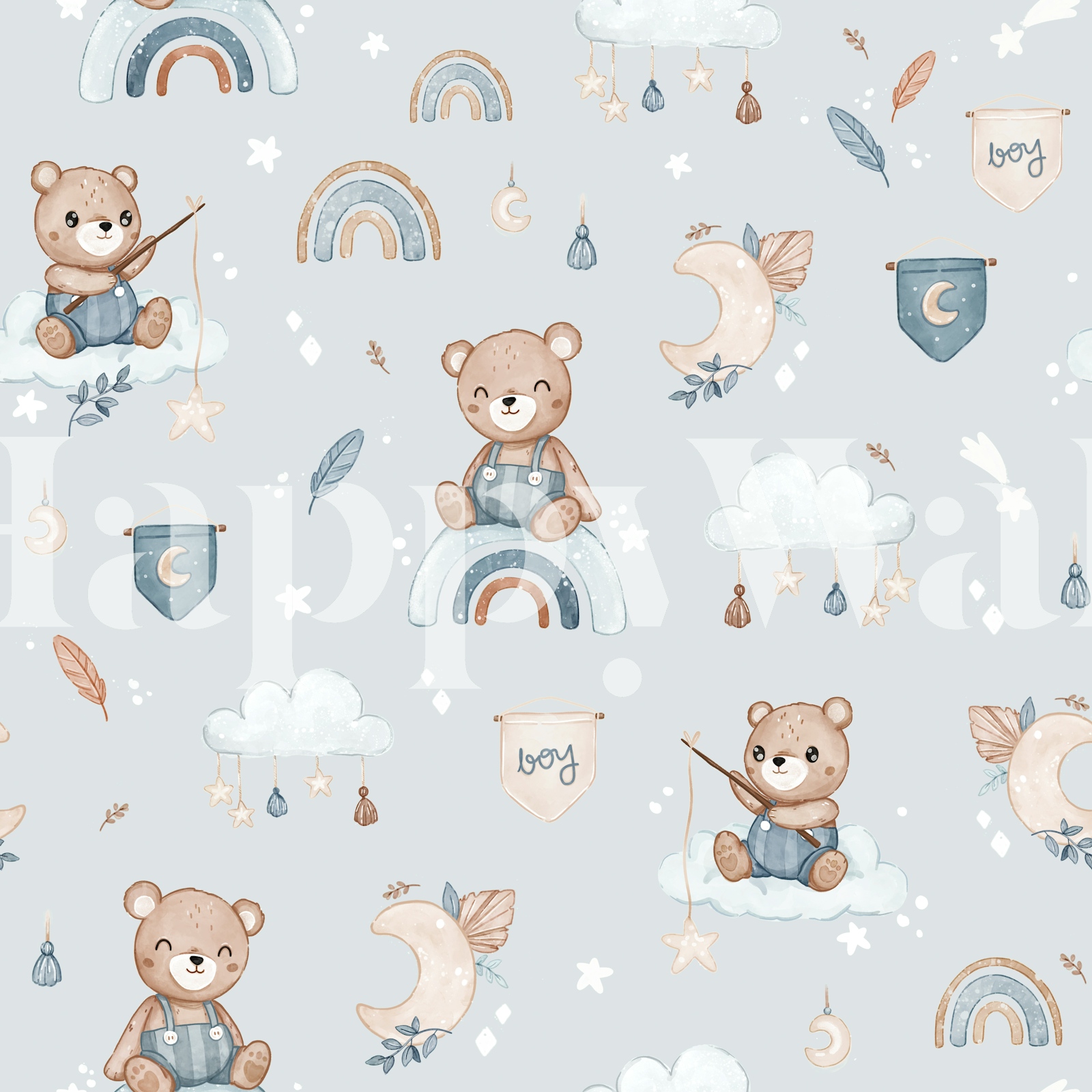 Boho Bear - blue Wallpaper | happywall.com