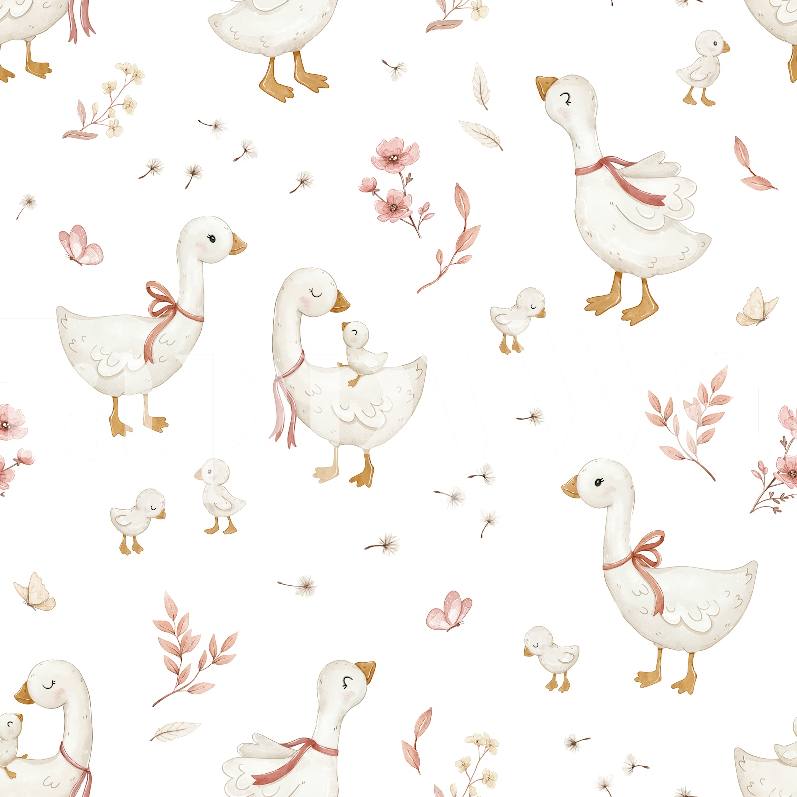 Adorable Goose and Floral Wallpaper