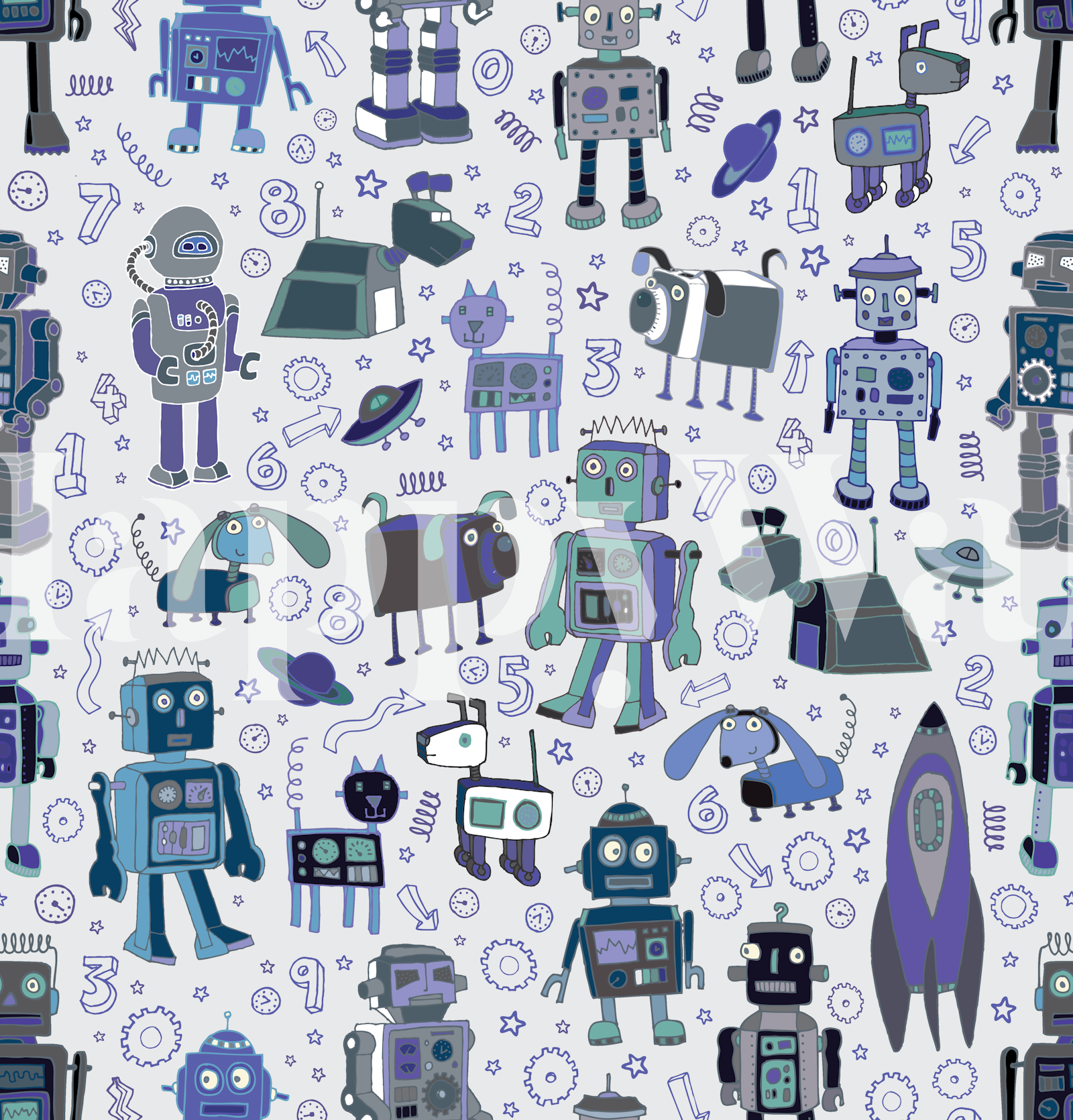 Robot Wallpaper for Kids Room - Blue Grey Design