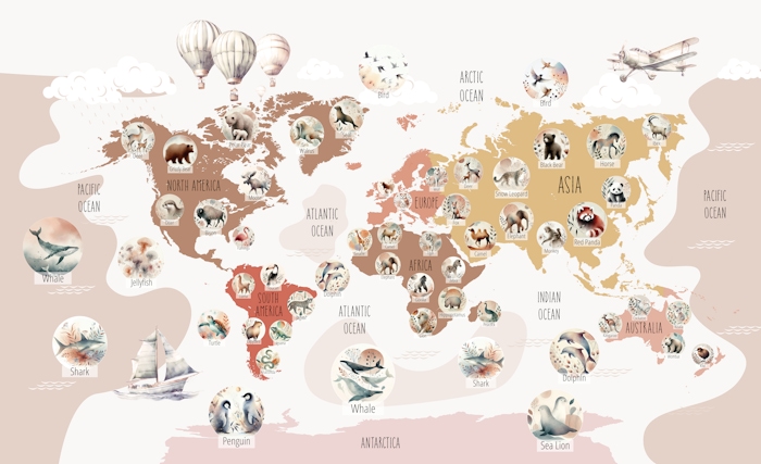 Boho Wildlife World Map - Happywall
