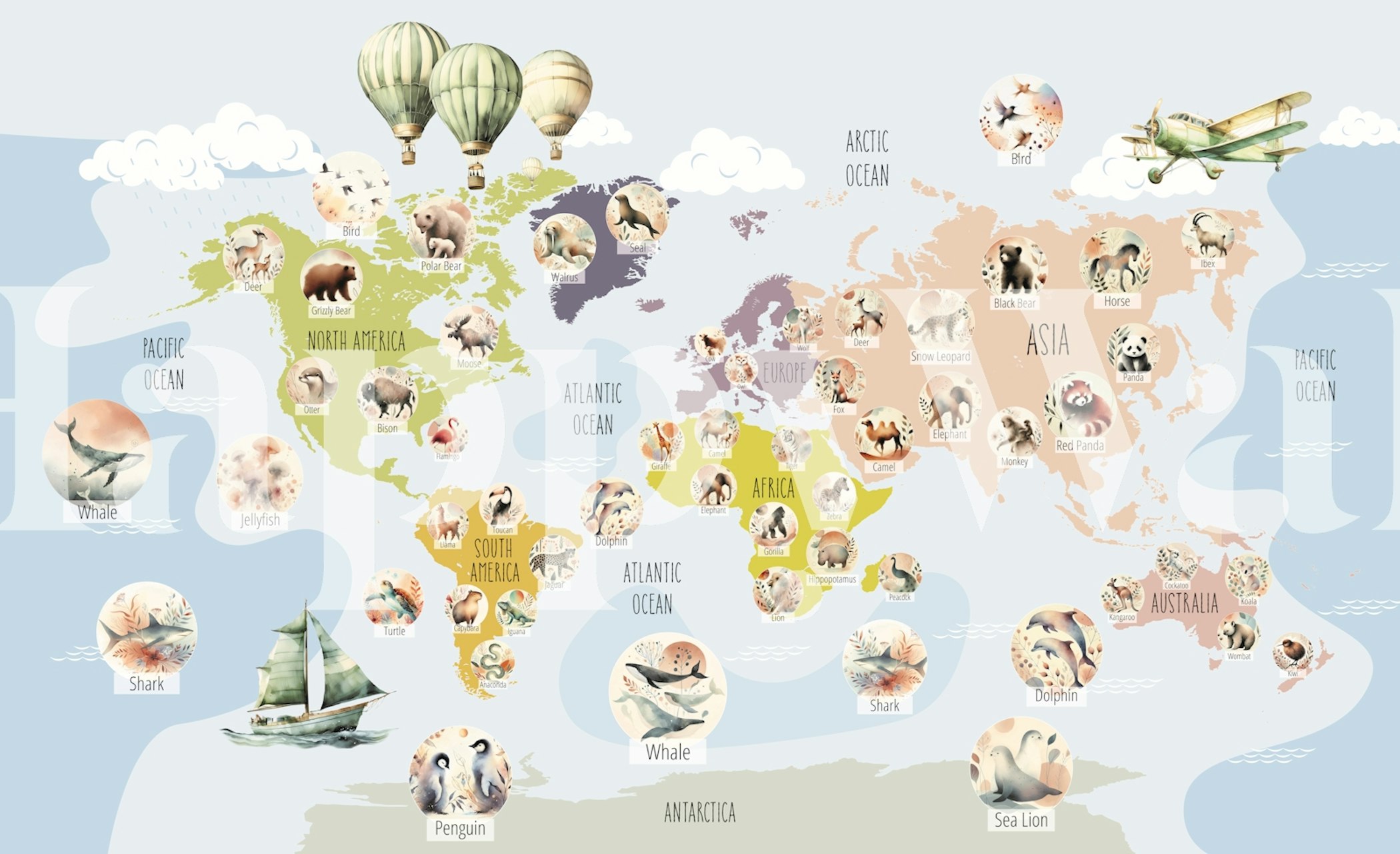 Whimsical World Animal Map - Happywall