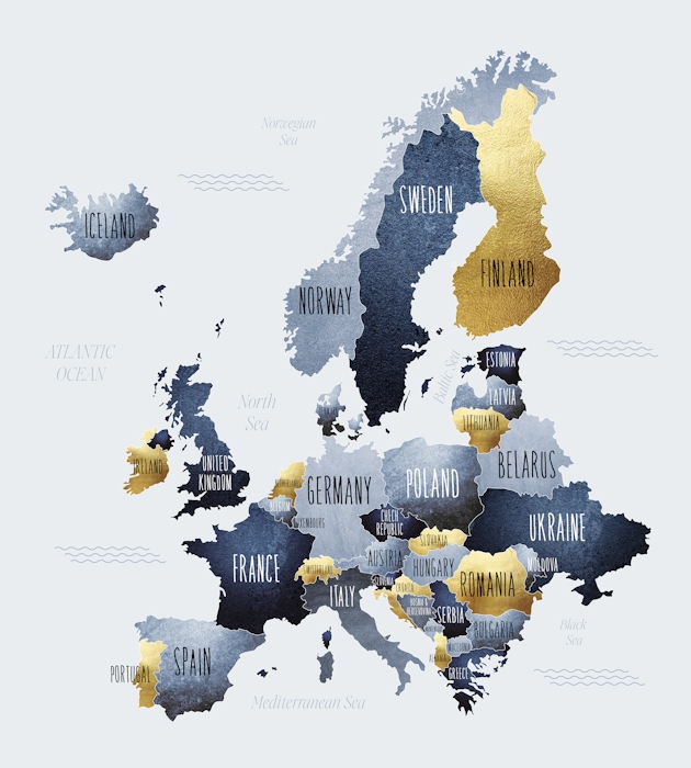 Europe Map in Blue and Gold - Happywall