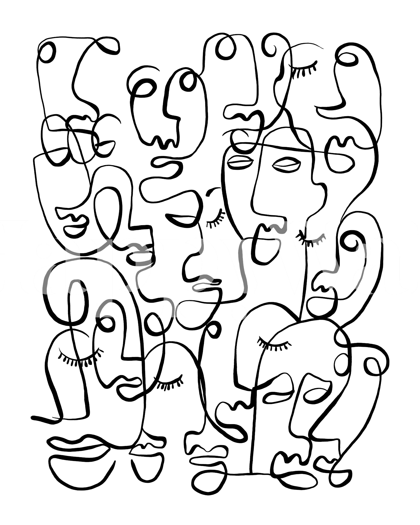 Black Line Art Faces Wallpaper