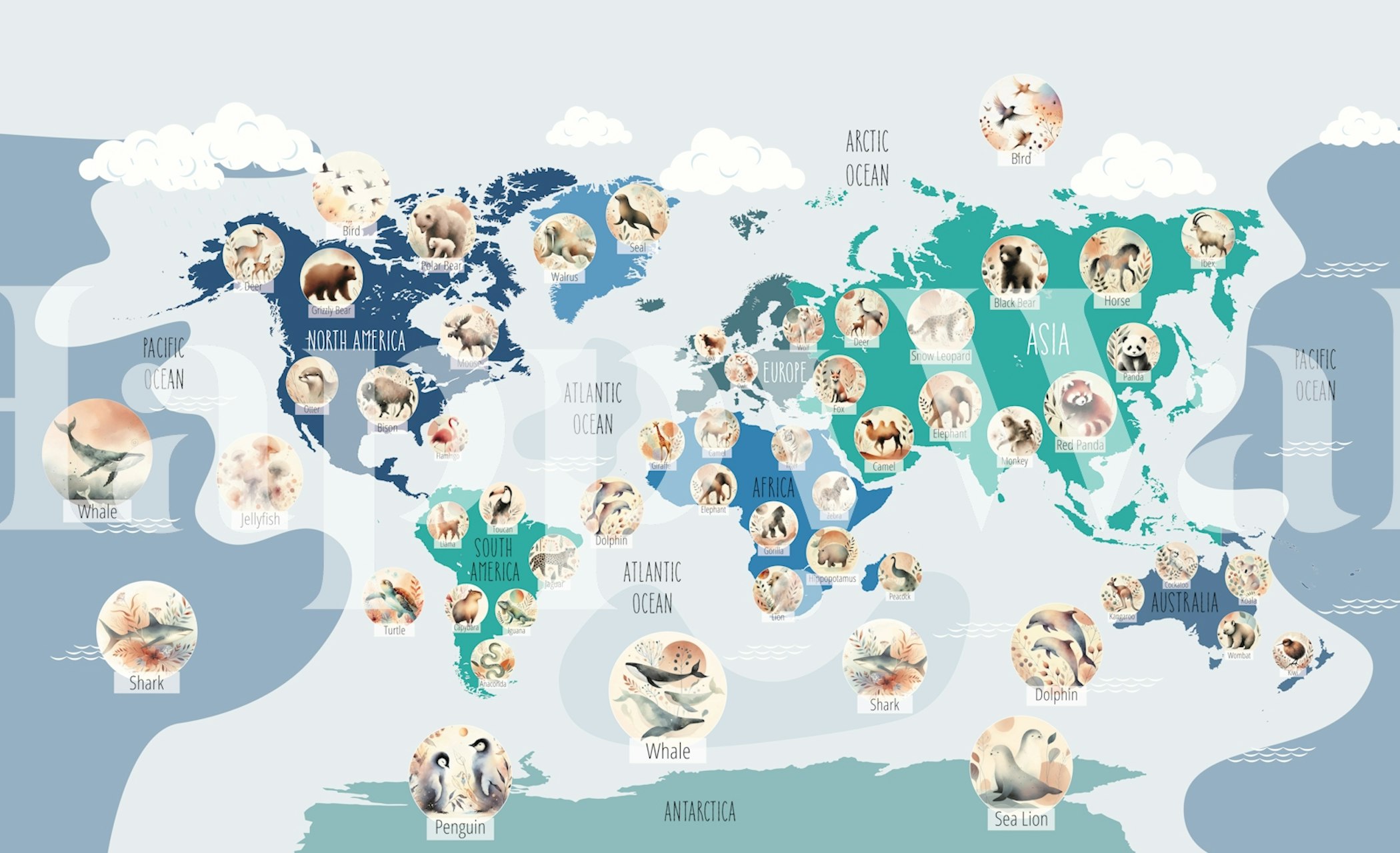 Teal Wildlife World Map - HappyWall