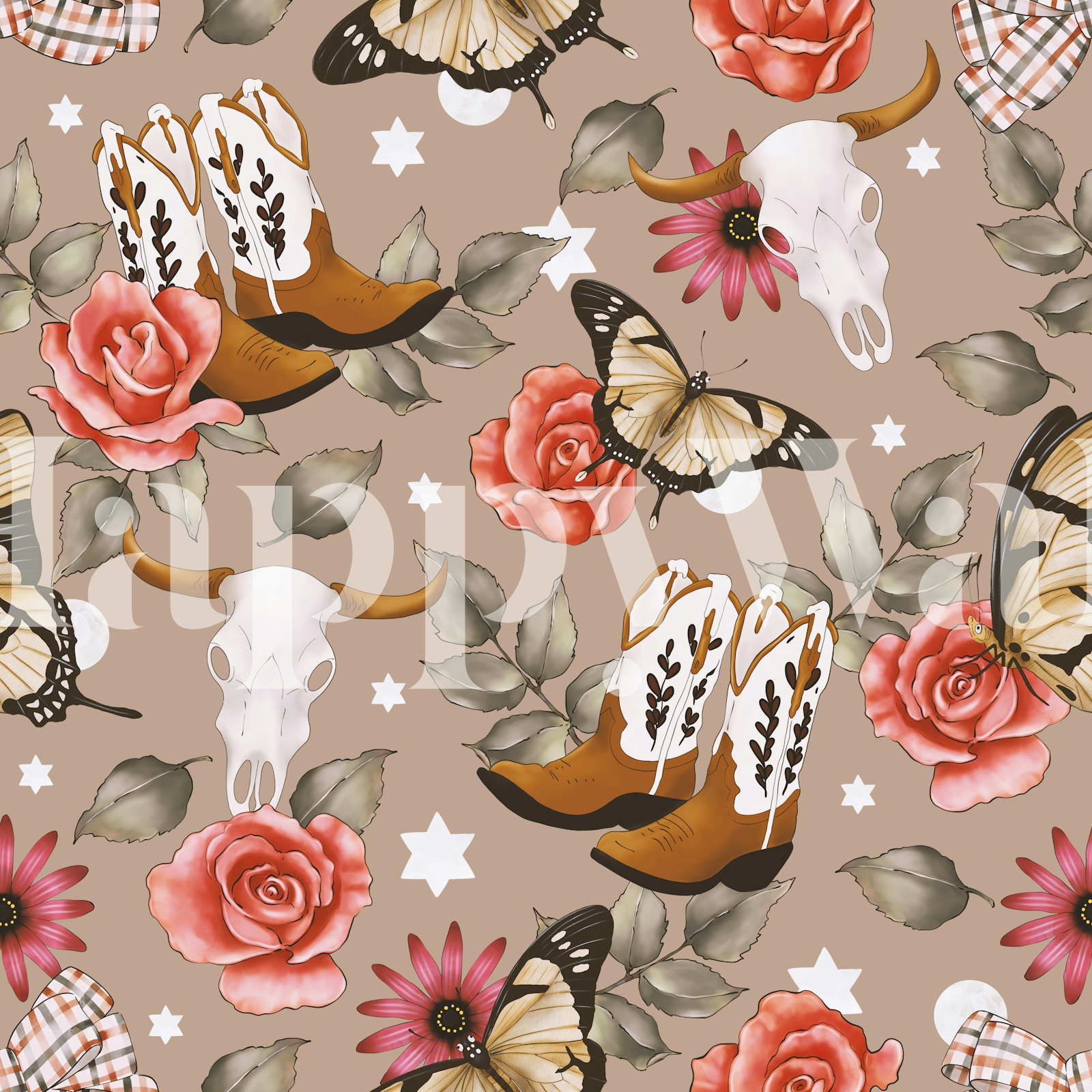 Western Floral Wallpaper with Boots and Butterflies