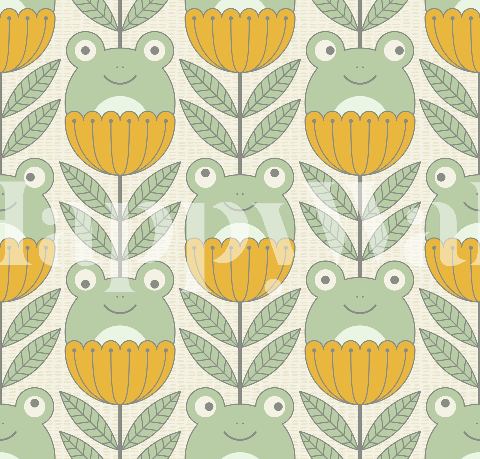 Fun Frogs Sage Green Floral Yellow Blooms Wallpaper