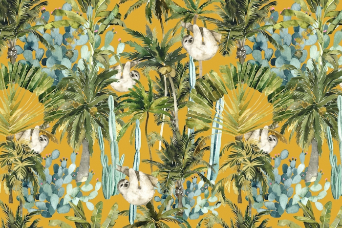 Tropical Sloth and Palm Leaf Wallpaper