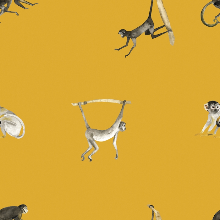 Tropical Monkey Motif Mustard Yellow Wallpaper