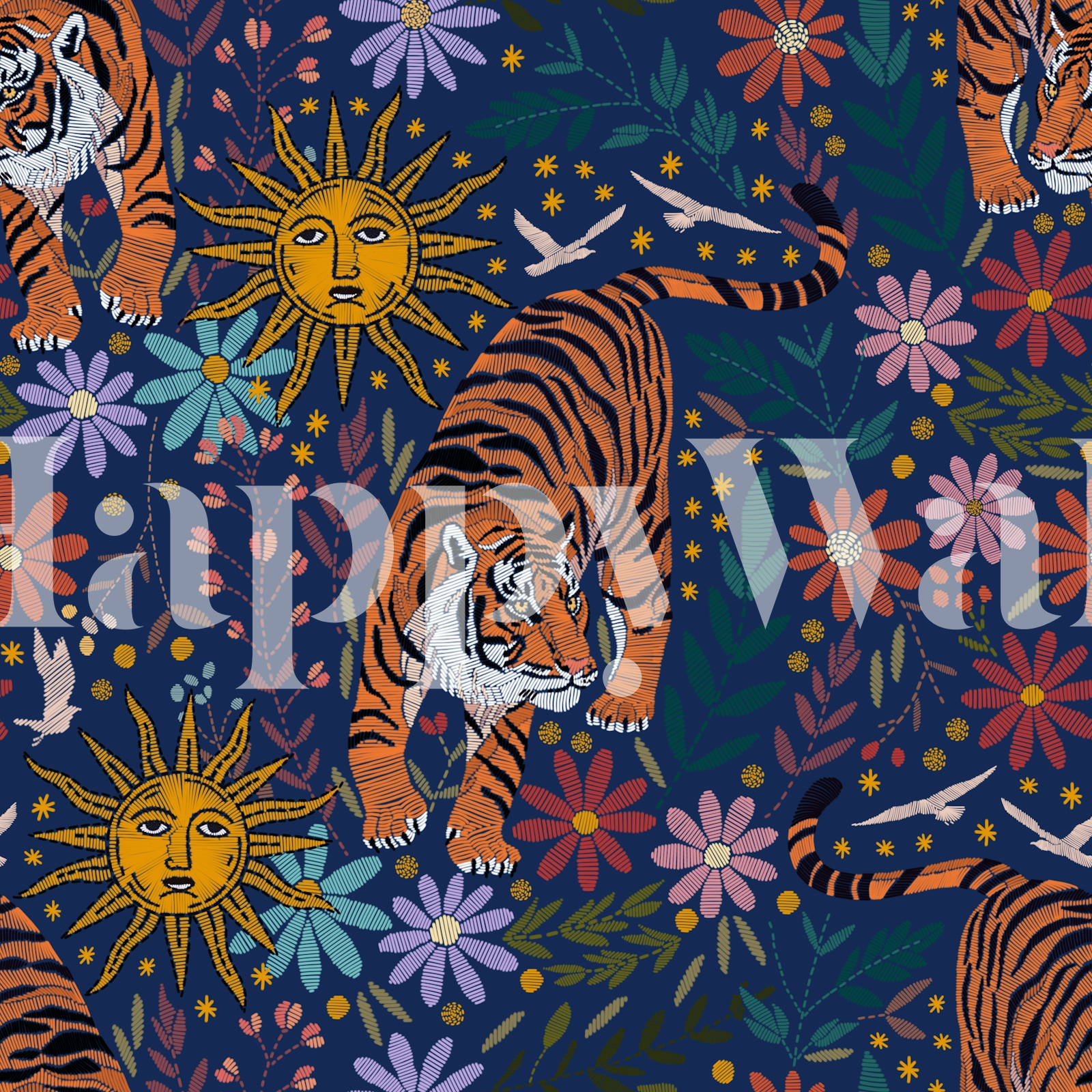 Colorful Tiger and Floral Wallpaper