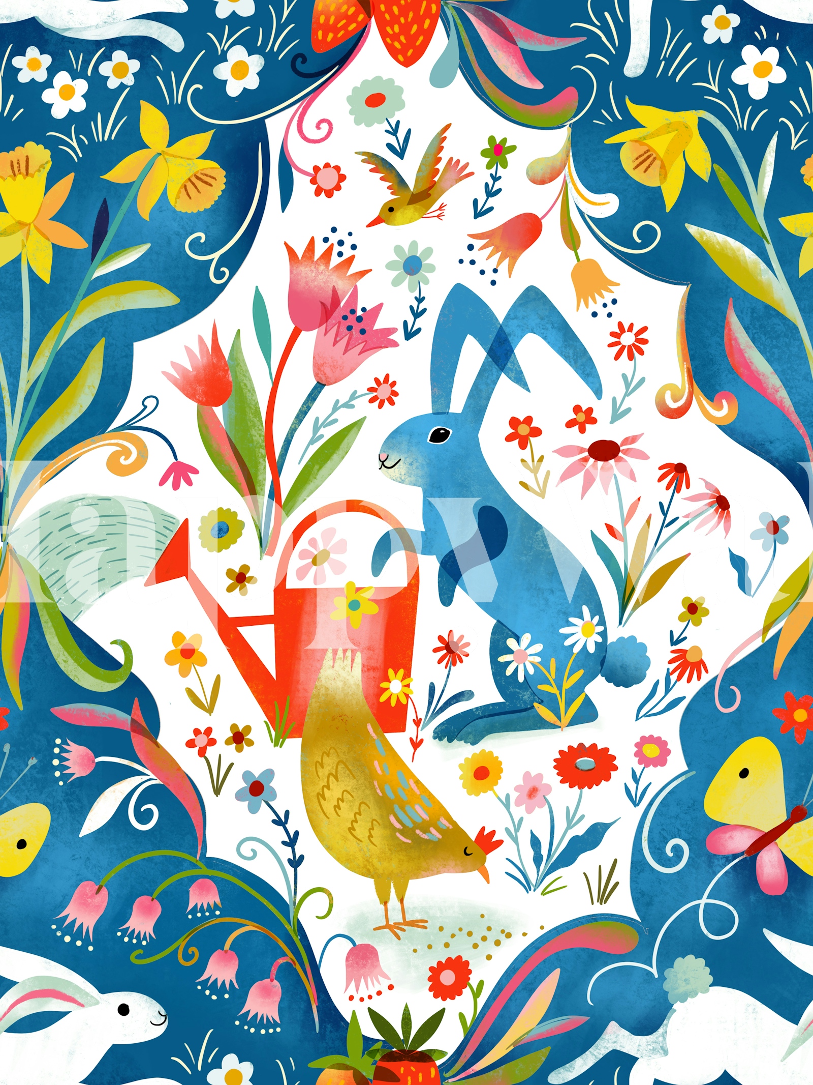 Spring Gardening Bunnies Chicken Wallpaper