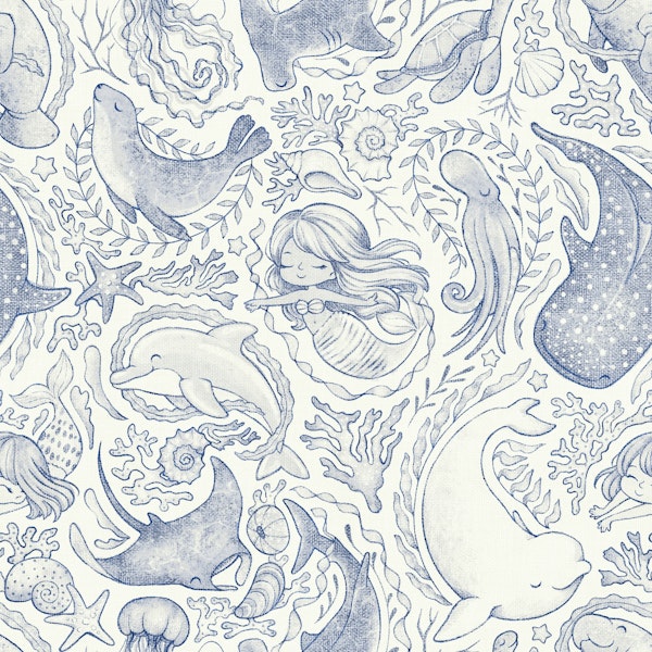 Modern Mermaid Toile in Blue on Cream - Happywall