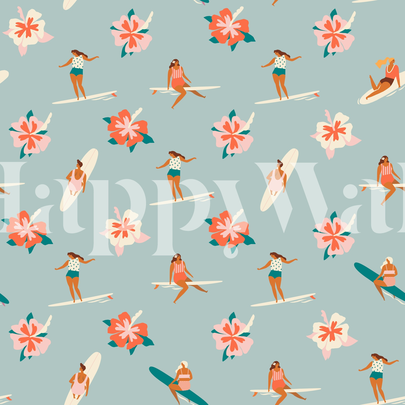 Surf Girls Floral Wallpaper in Blue