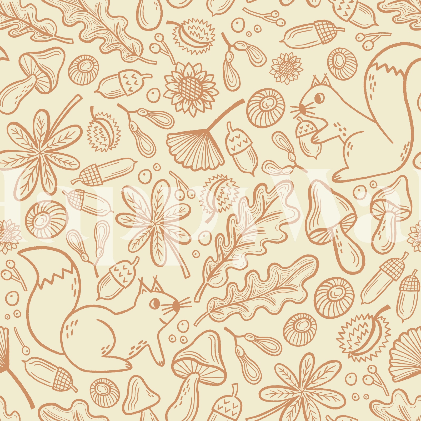 Beige Woodland Squirrel and Foliage Wallpaper