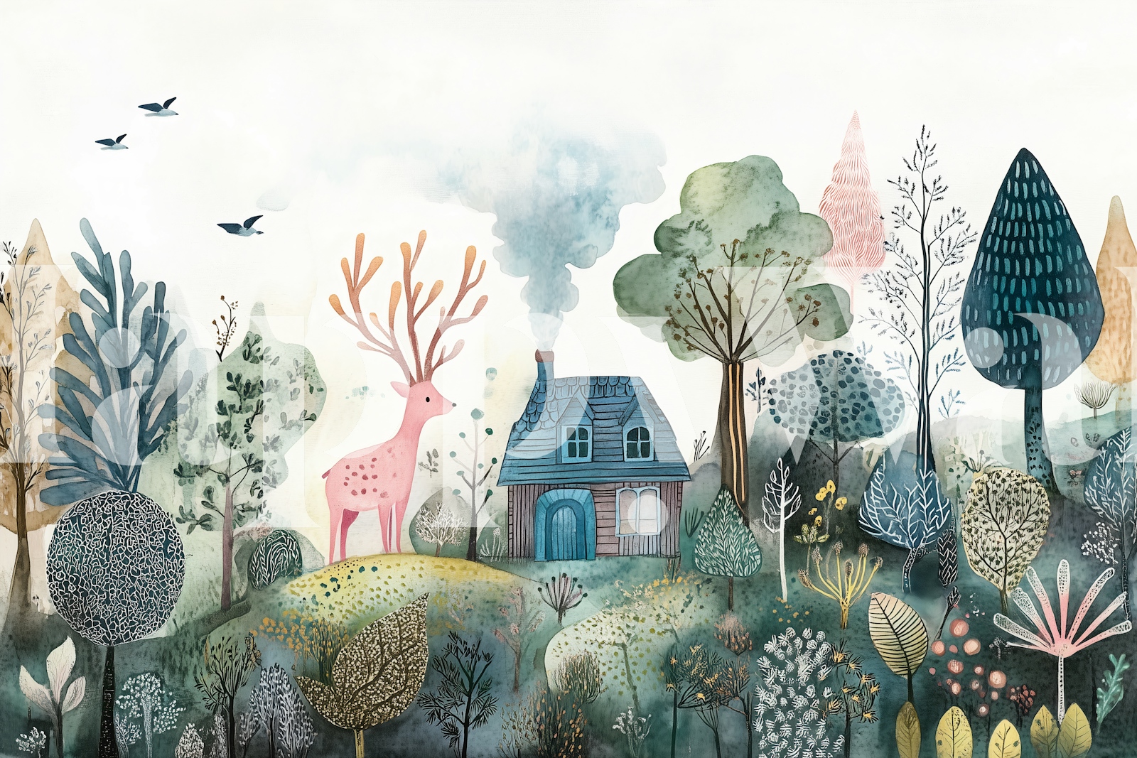 Charming Forest Cottage Wallpaper | happywall.com