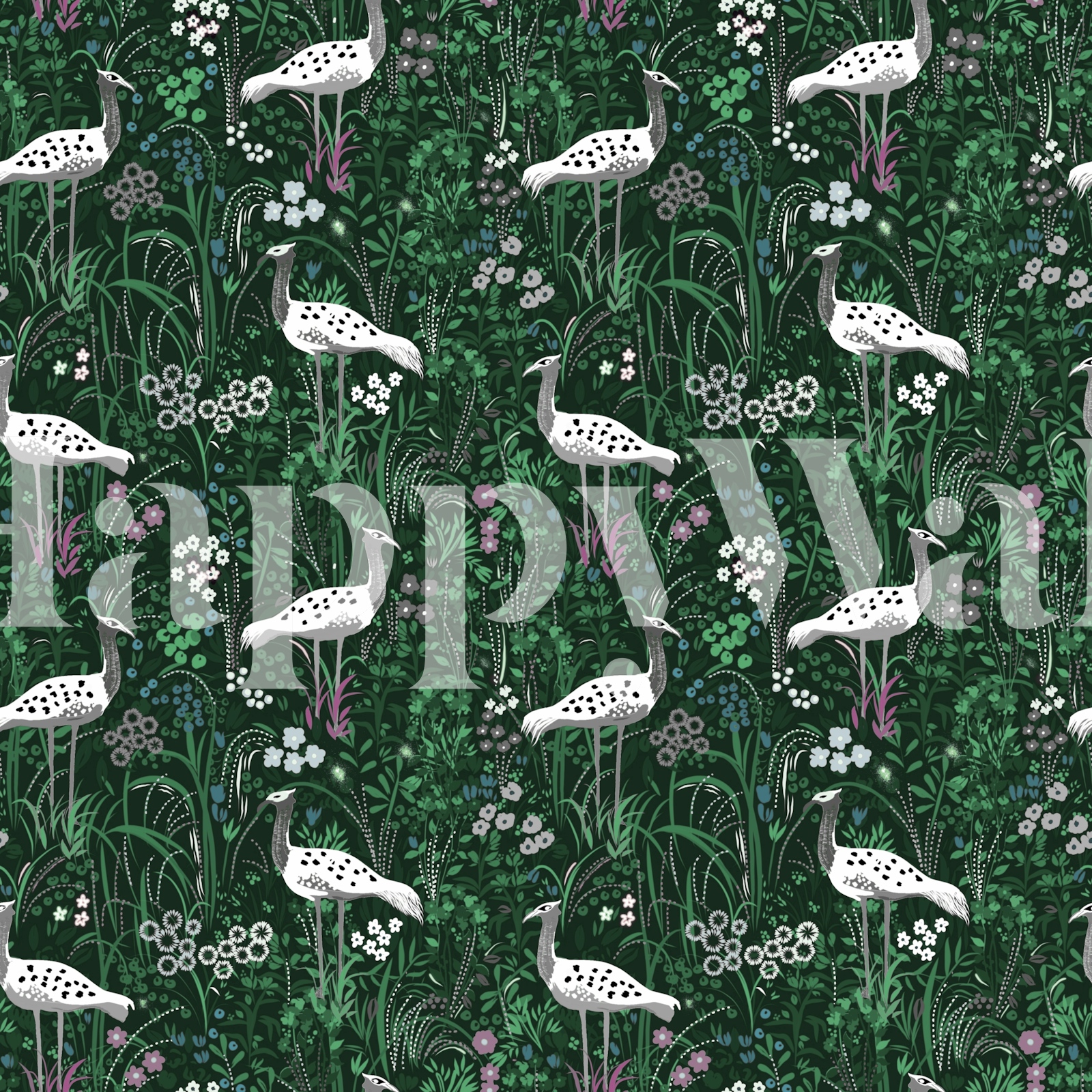 Green Floral Wallpaper with Birds
