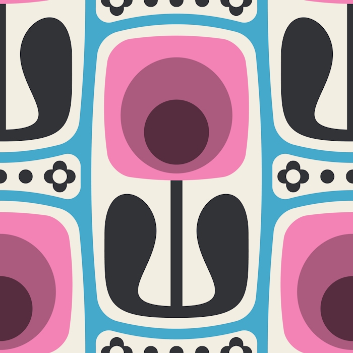 Nostalgic Retro Blooms Pink Blue Wallpaper