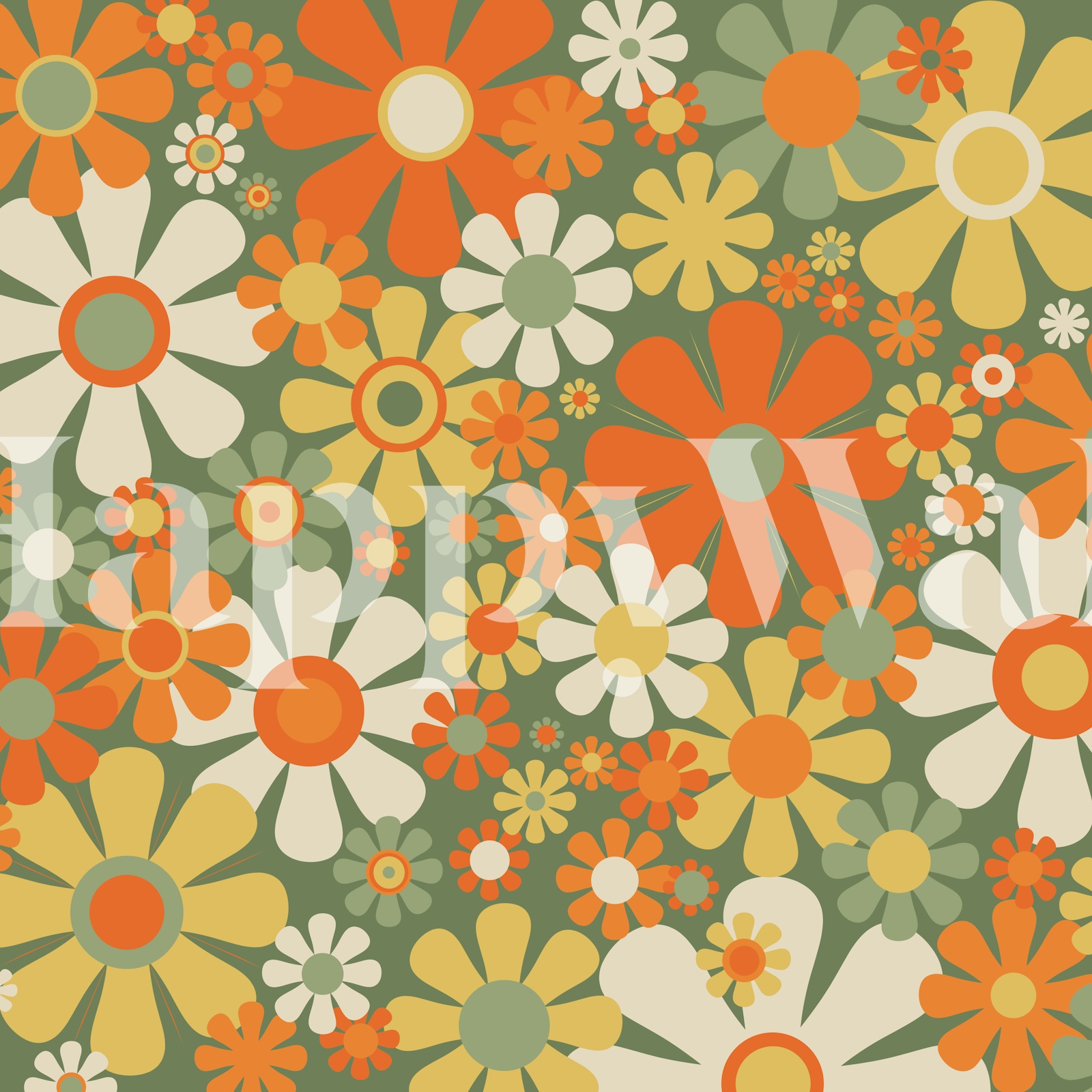 Retro Floral Garden Green Orange Wallpaper