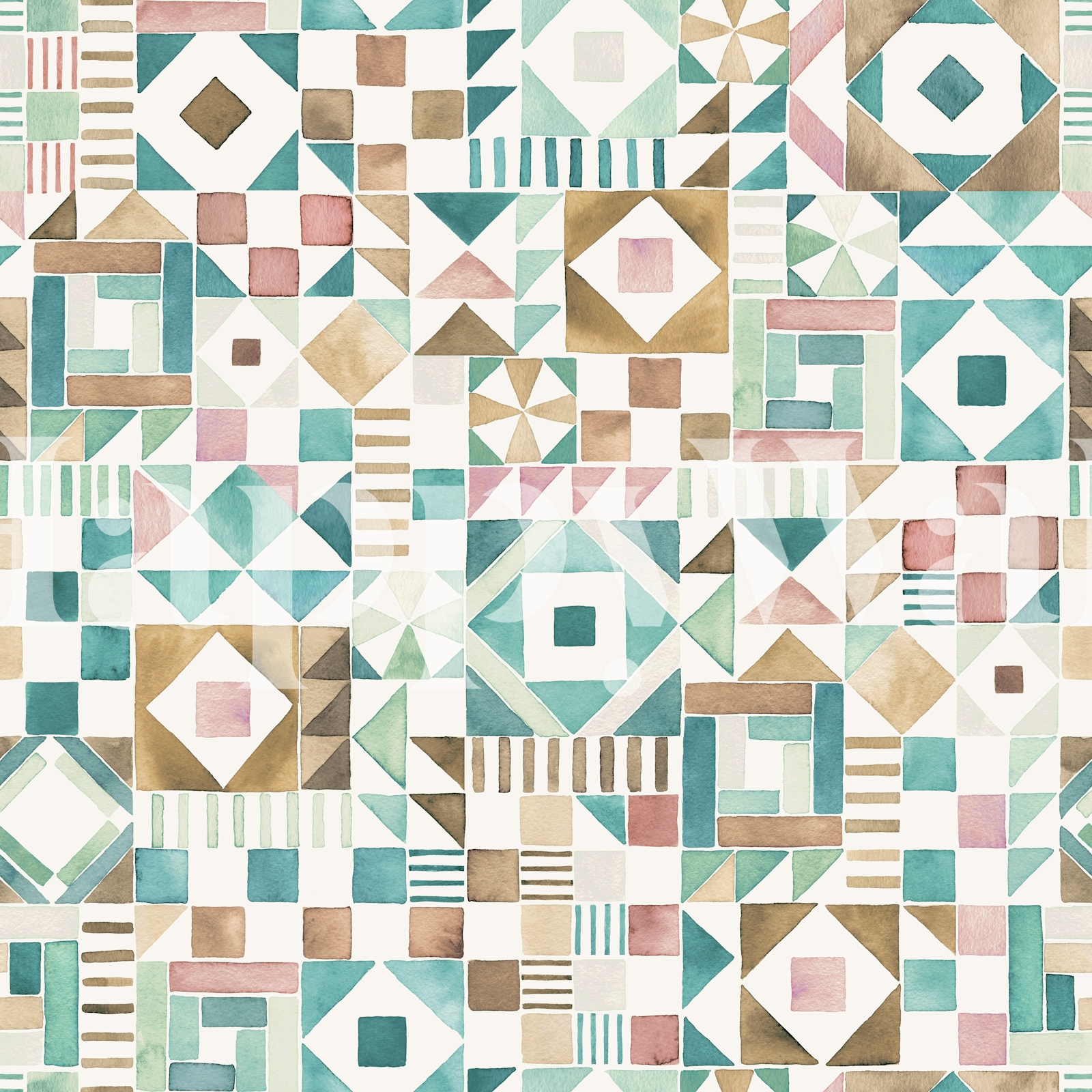 Geometric Mosaic Aqua and Blush Wallpaper