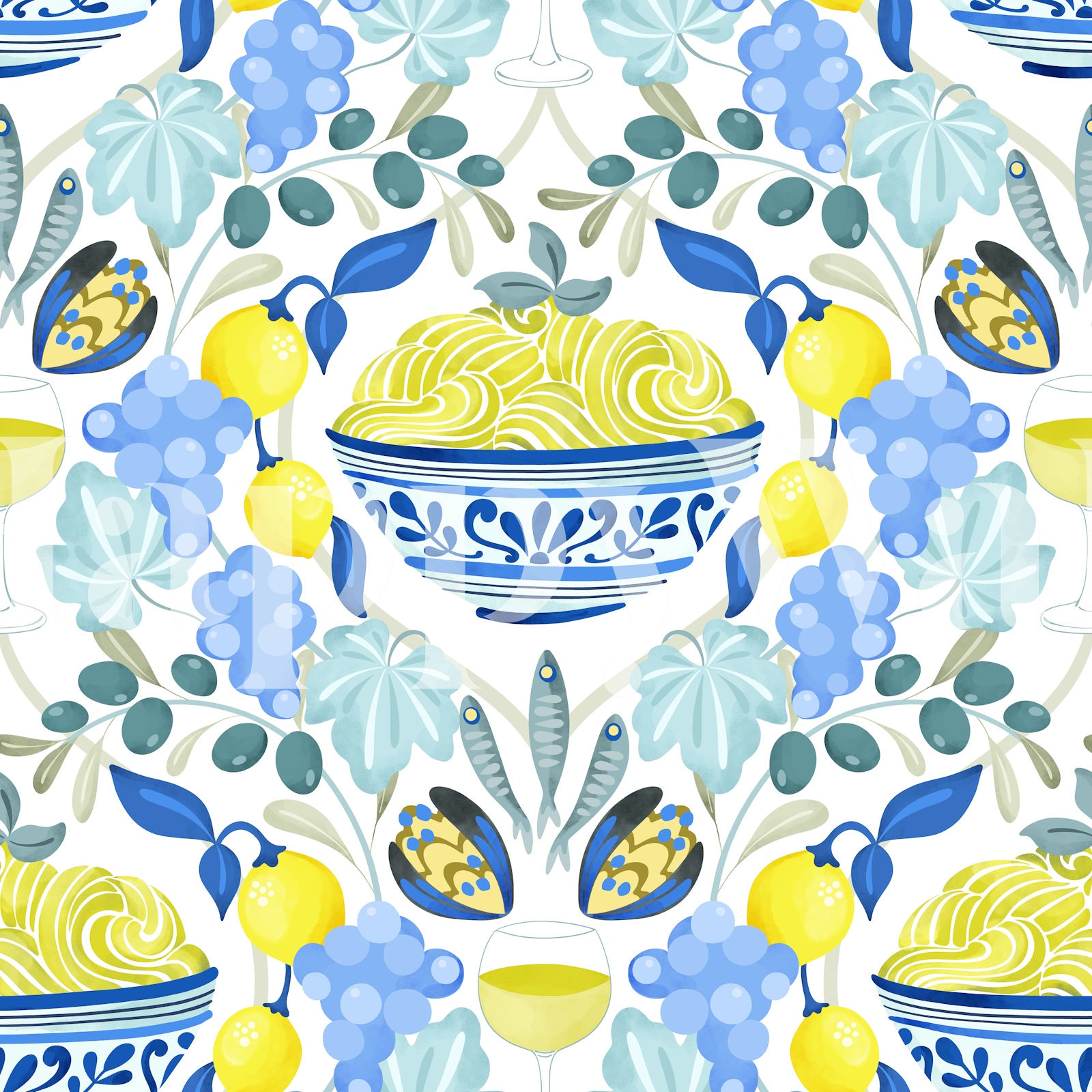 Italian Food Pattern Wallpaper in Yellow and Blue