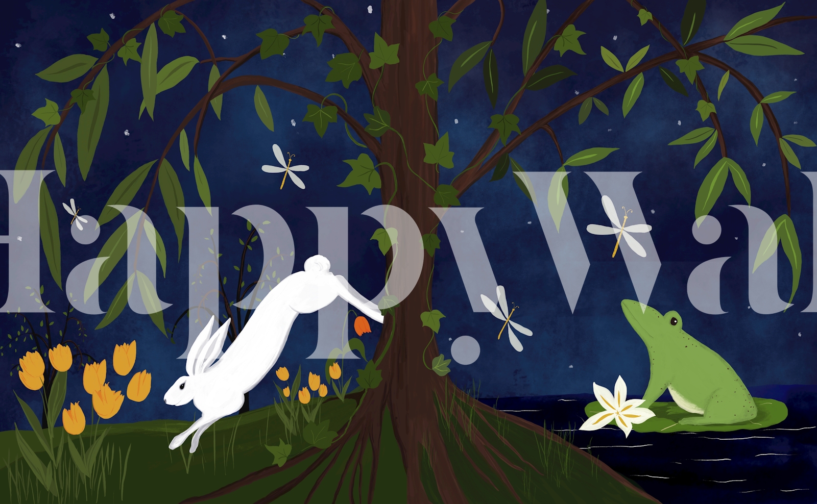 Solstice Hare and Frog Wallpaper | Happywall