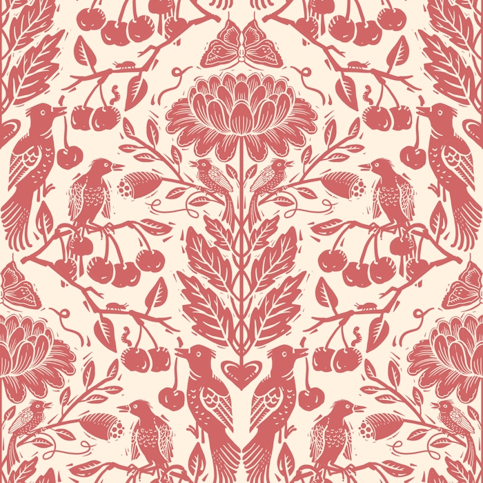 Charming Cherry Bird Floral Wallpaper