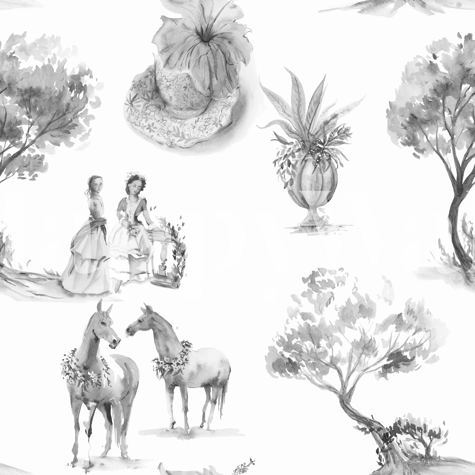 Elegant Pastoral Toile in B&W - Happywall