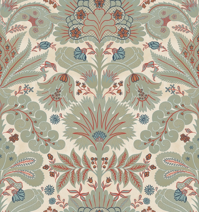 Botanic Damask Sage Green Red Cream - Happywall
