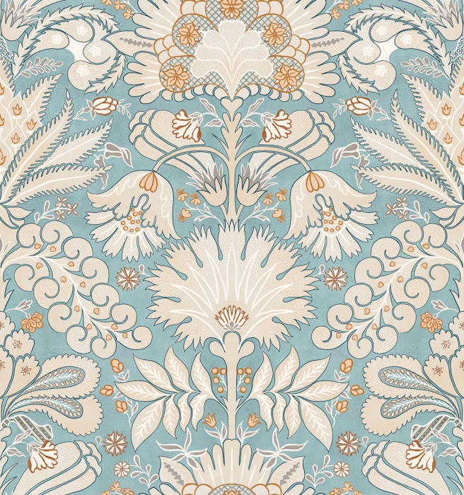 Botanic Floral Aqua Blue Cream Rust Wallpaper
