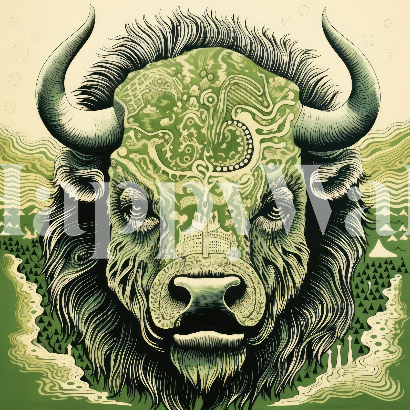 Folk Art Green Bison Wallpaper for Home Decor